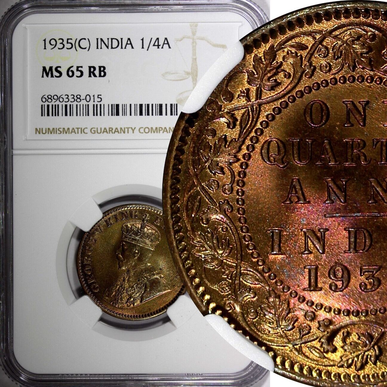 1/4 Anna India-British George V Bronze 1935 (C) NGC MS65 RB KM# 512 ...