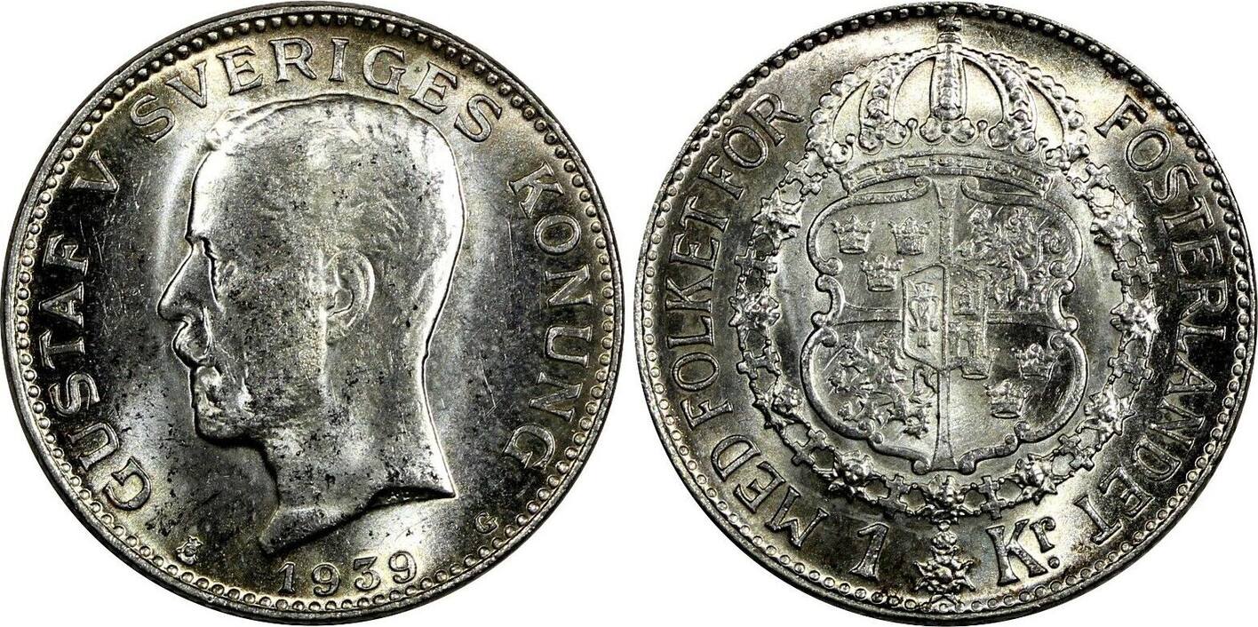 1 Krona SWEDEN Gustaf V Silver 1939 G aUNC High Grade Mint Luster KM# 786.2 (09) | MA-Shops