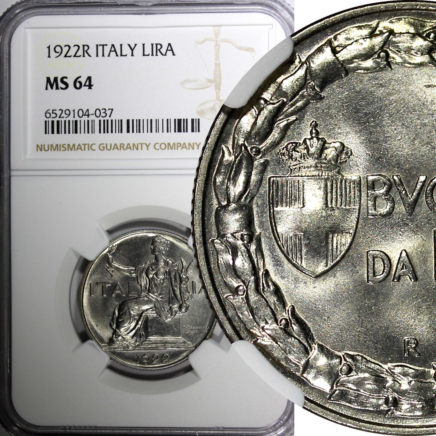 1 Lira Italy Vittorio Emanuele III 1922 R NGC MS64 GEM BU KM# 62 (37 ...
