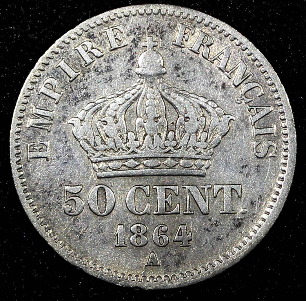 50 Centimes FRANCE Napoleon III Silver 1864 A 1st Year Type KM#814.1 ...