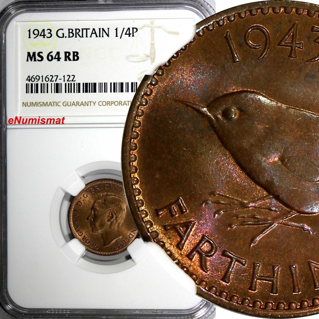 United Kingdom 1943 Farthing 1943 Great Britain George VI Bronze NGC MS64 RB KM# 843 (122) | MA ...