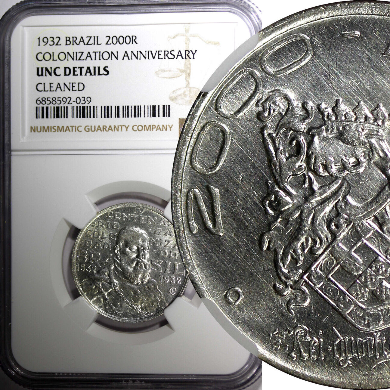 2000 Reis BRAZIL Silver 1932 NGC UNC DET. 400th Anniver.of Colonization ...