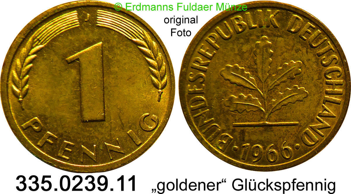 Deutschland BRD 1 Pfennig 1966J goldener Glückspfennig. 335.0239.11 AU ...