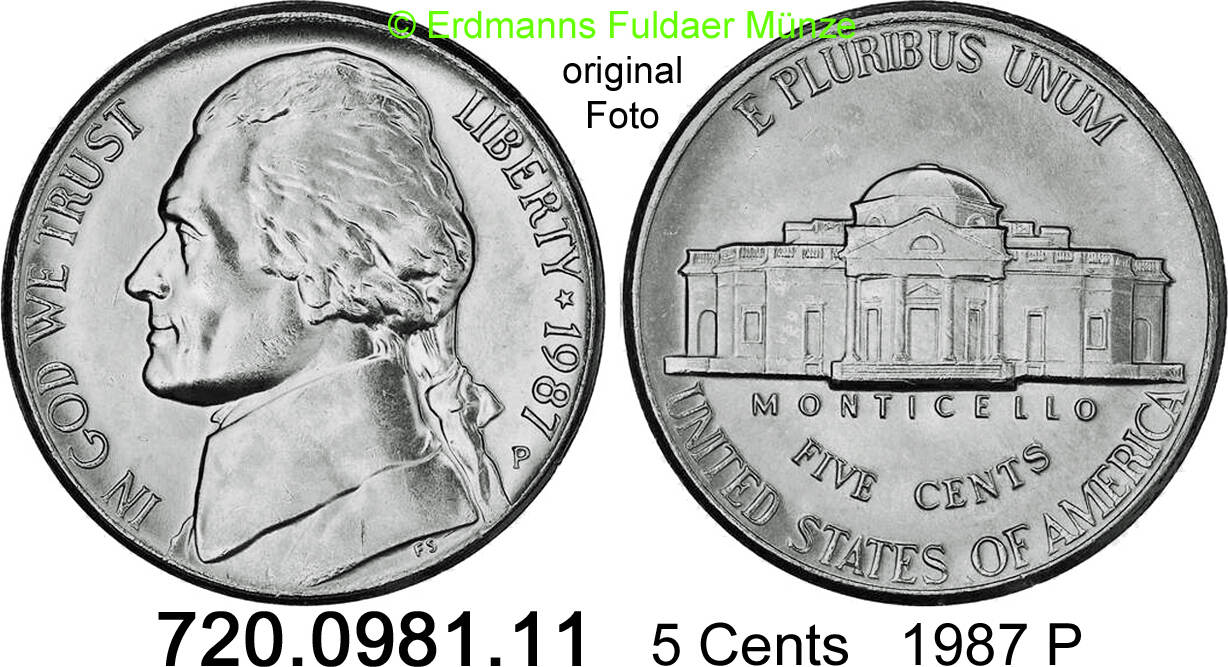 USA 5 Cents 1987 P *196 KM192 Jefferson-Nickel Monticello. 720.0981.11 ...
