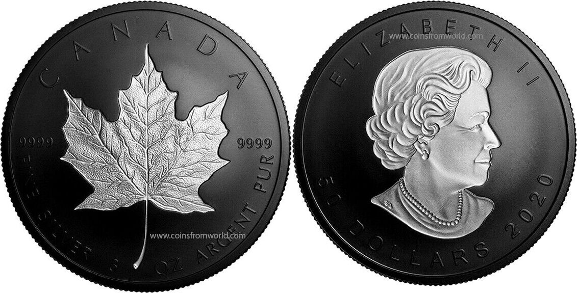 Canada Coins 2020 Canada 50$ Rhodium-Plated Incuse Silver Maple Leaf 3 ...