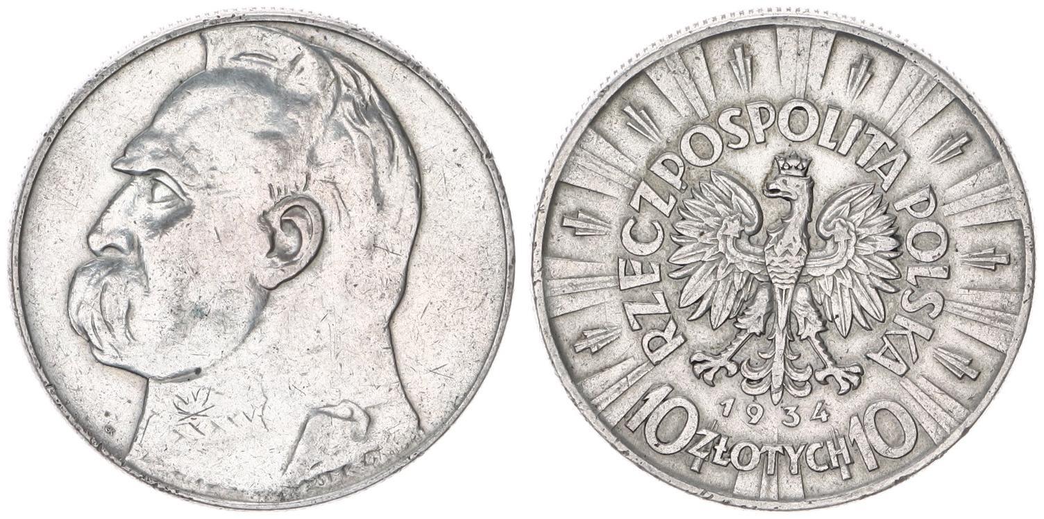 Polen - zweite Republik 10 Zloty 1934 Josef Pilsudski seltenes Jahr VF-EF | MA-Shops