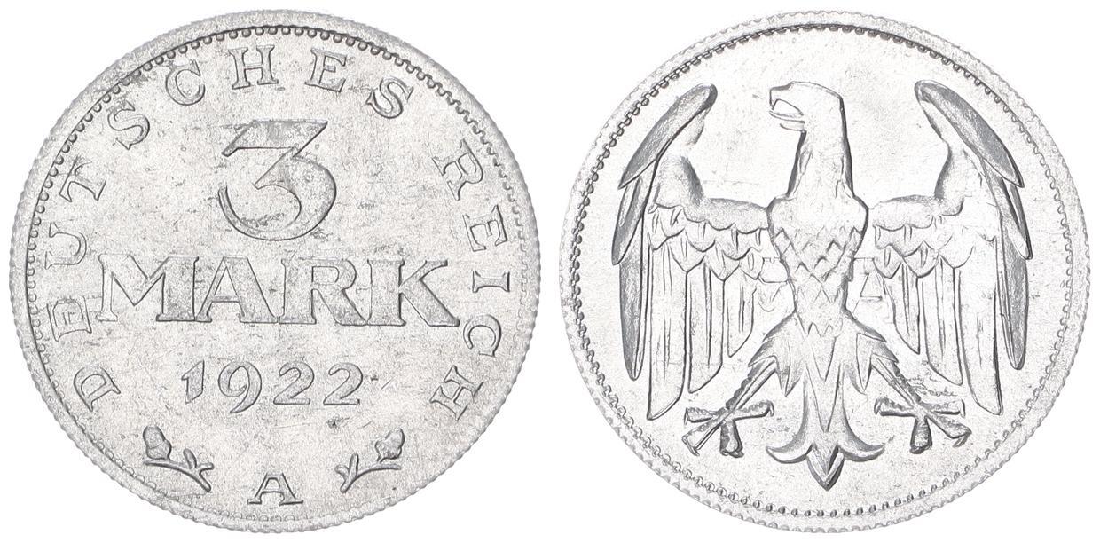 Deutschland / Weimar / Inflation 3 Mark Fehlprägung J.303 1922 A Sehr ...
