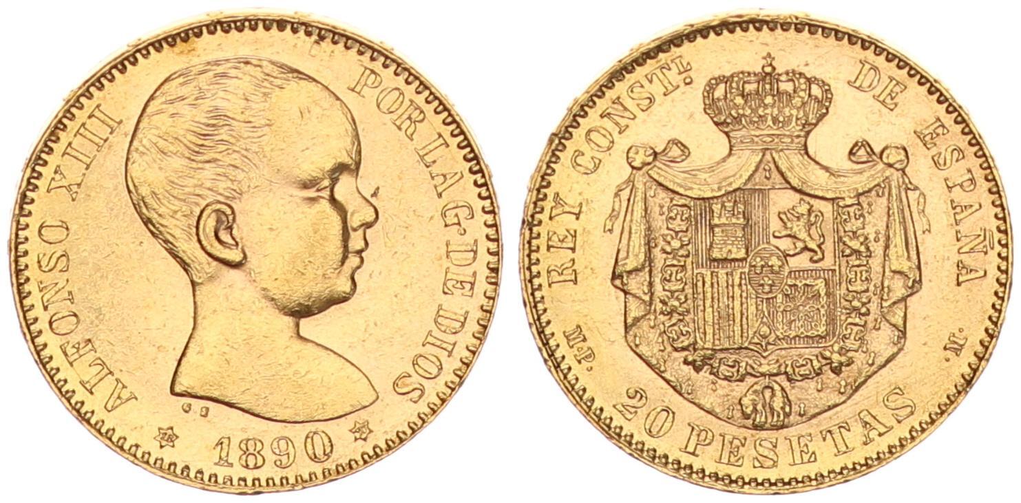 Spanien 20 Pesetas 1890 Alfonso XIII. - Gold UNC- | MA-Shops