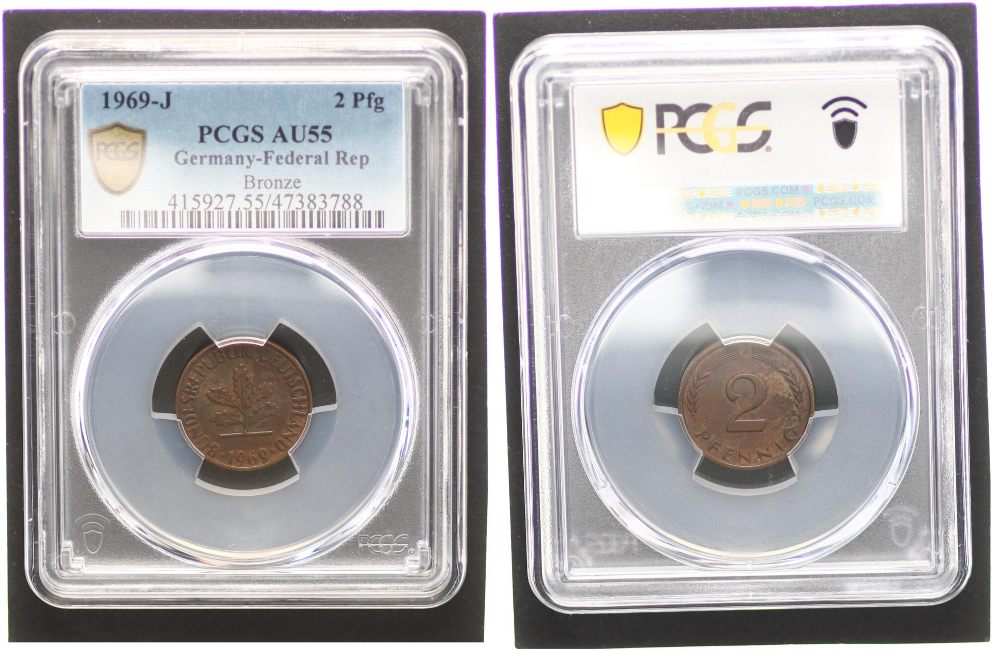 Deutschland BRD 2 Pfennig selten - 1969 J, Bronze, vorzüglich PCGS AU55 | MA-Shops