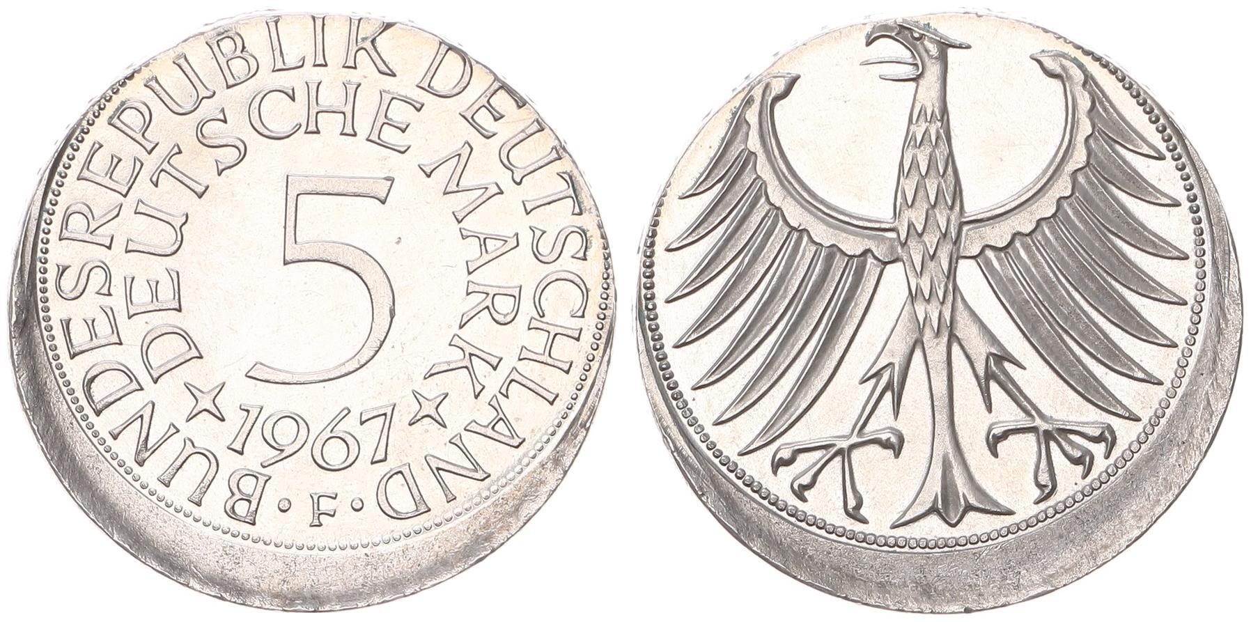 Deutschland 5 DM 1967 F J.387 Silber Kursmünze Fehlprägung 15% dezentriert UNC- | MA-Shops