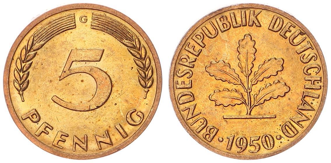Deutschland - BRD 5 Pfennig 1950 G mit Querstrich im G CH UNC | MA-Shops