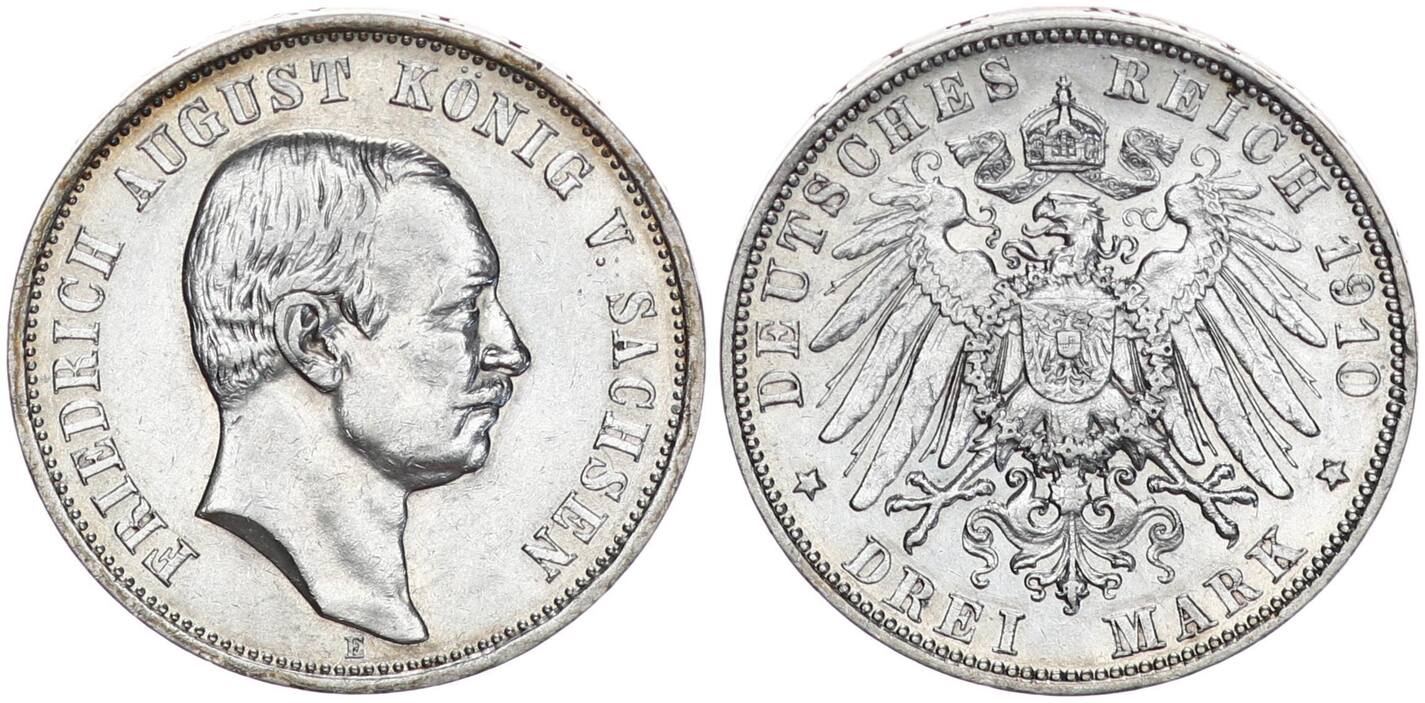Sachsen - Deutsches Kaiserreich 3 Mark 1910 E 3 Reichsmark König ...