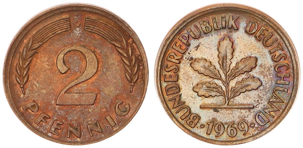 Deutschland 2 Pfennig 1969 G Fehlprägung: ohne Ring geprägt EF | MA-Shops