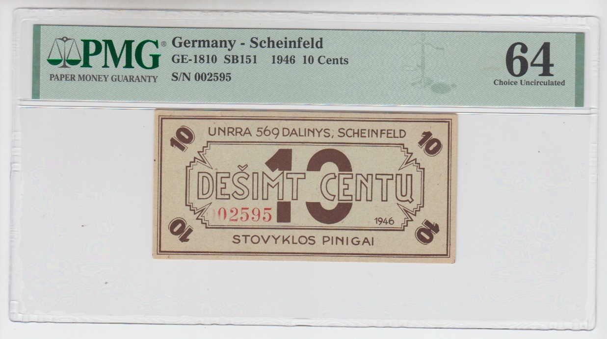 Deutschland / Litauen / Scheinfeld 10 Cents Camp money-Note 1946 Sesimt Centu Uncirculated PMG ...