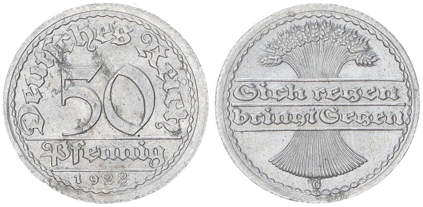 Deutschland / Weimar 50 Pfennig 1922 G Fehlprägung letzte Ziffer der ...