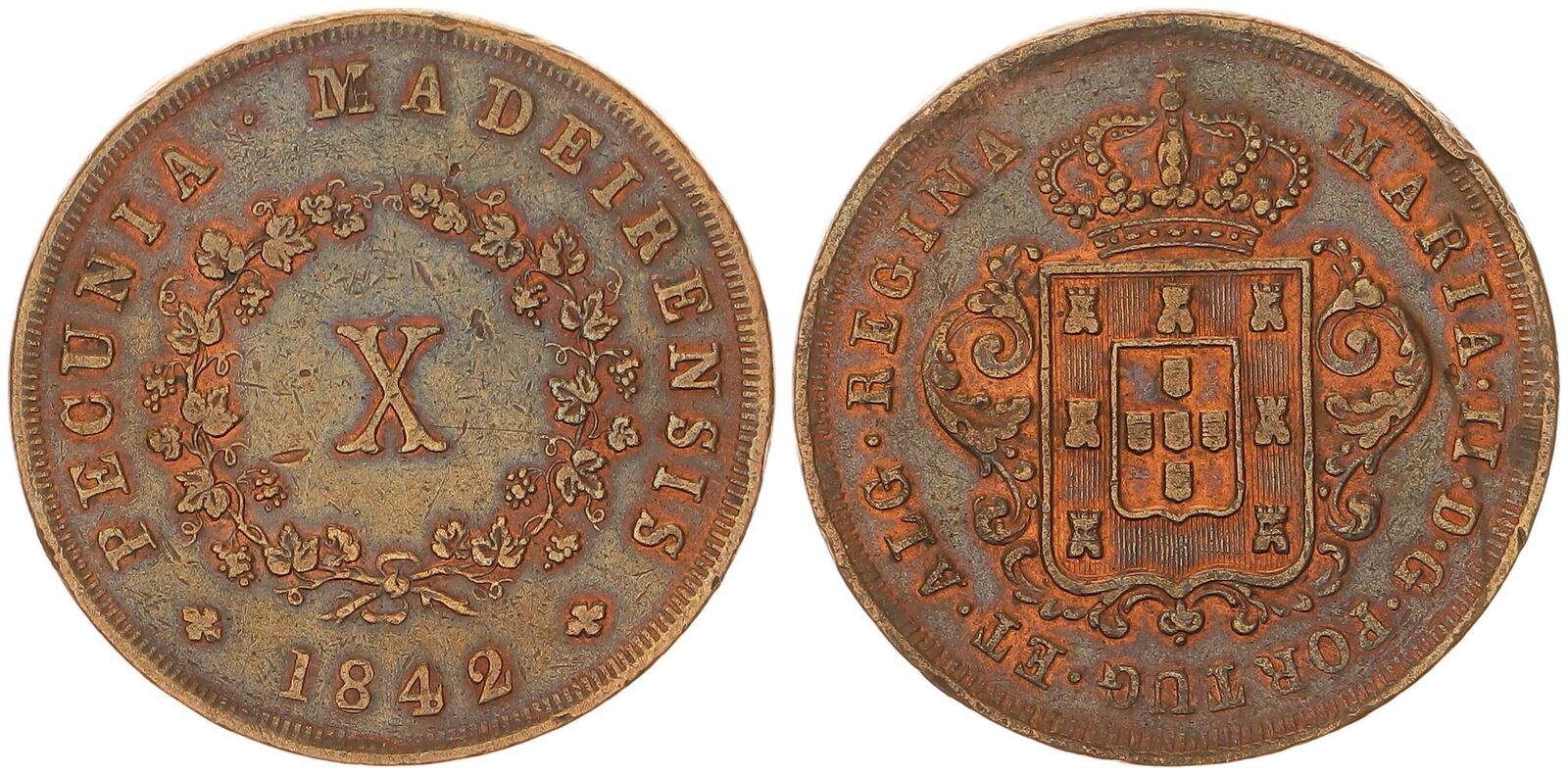 Portugal-Madeira 10 Reis 1842 Maria II. VF / VF-EF,kl.Randfehler | MA-Shops