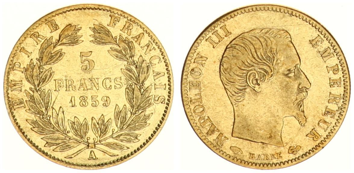 Frankreich 5 Franc 1859 A 2. Kaiserreich - Paris - Napoleon III VF-EF ...