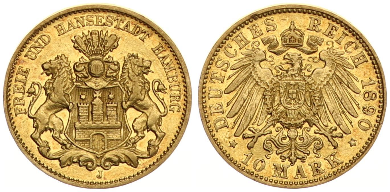 Hamburg 10 Mark 1890 J Hansestadt - 10 Reichsmark Gold VF-EF | MA-Shops