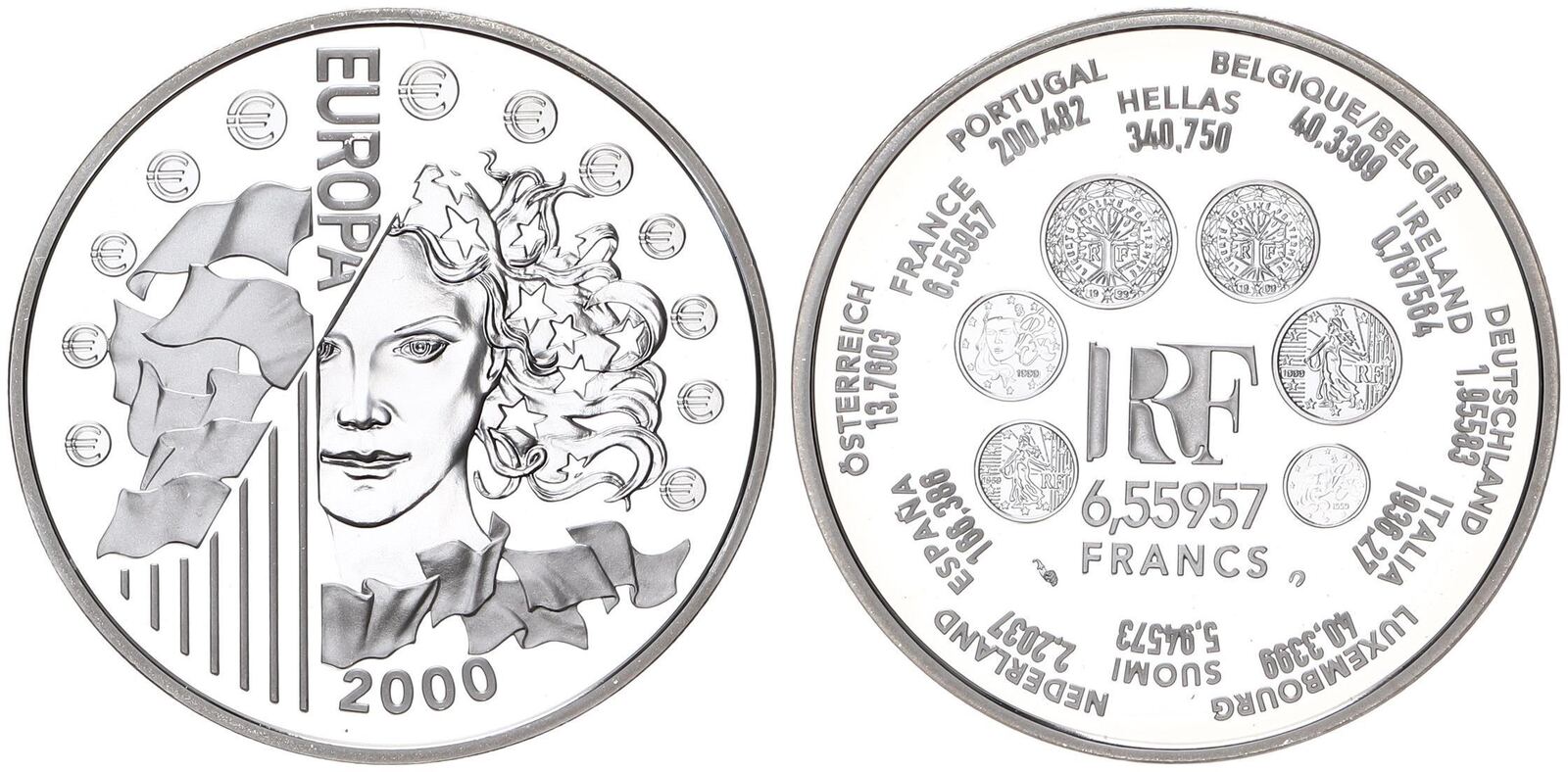 Frankreich 6,55957 Francs 2000 Europäische Währungsunion Proof in ...