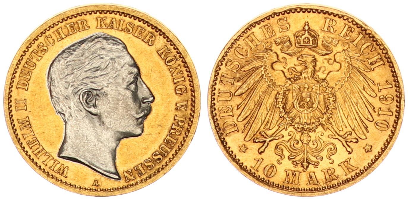 Preußen 10 Mark 1910 A Kaiser Wilhelm II. VF-EF, Kopf mit Platin veredelt | MA-Shops