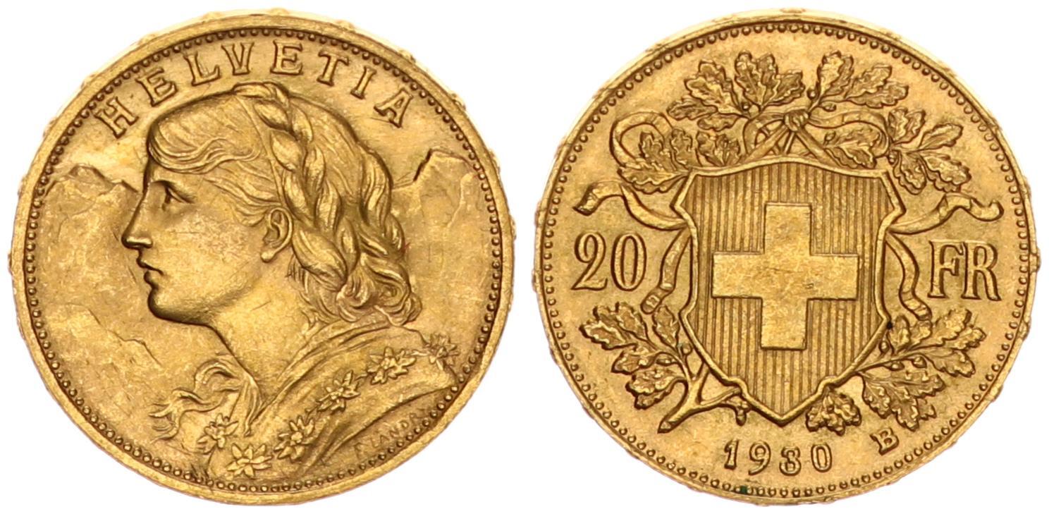 Schweiz 20 Franken Gold 1930 Vreneli CH UNC | MA-Shops