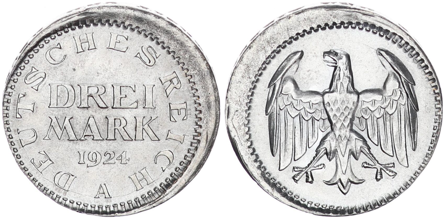 Deutschland - Weimarer Republik 3 Mark Fehlprägung 1924 A Weimar 3 Reichsmark CH UNC, 10% ...