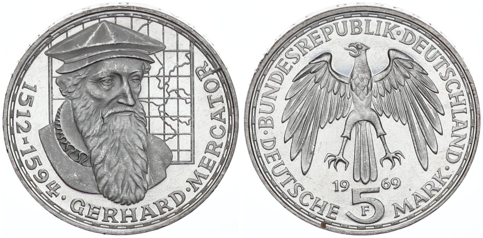 Deutschland BRD 5 DM 1969 F Gerhard Mercator - Variante mit langem R CH ...