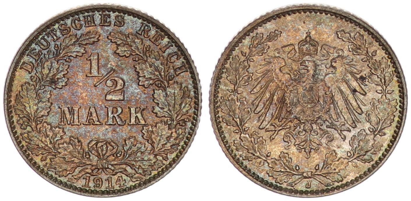 Deutsches Kaiserreich 1/2 Mark 1914 J halbe Mark Jäger 16 UNC- / CH UNC, ansprechende Patina ...