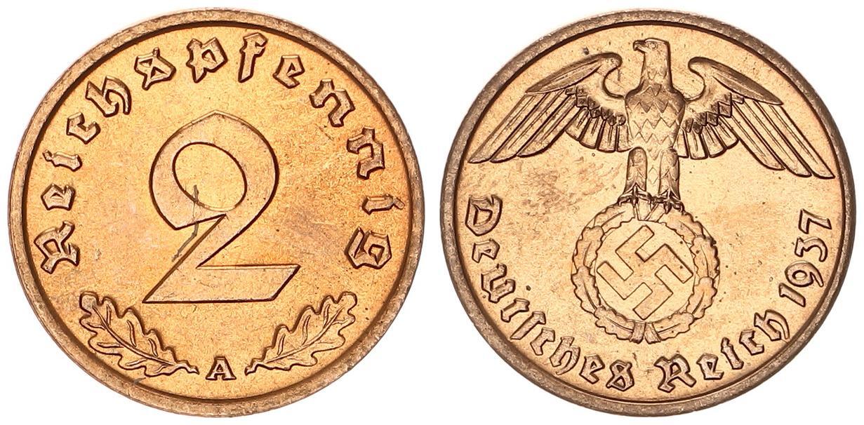 Deutschland / 3.Reich 2 Pfennig 1937 A J.362 CH UNC | MA-Shops