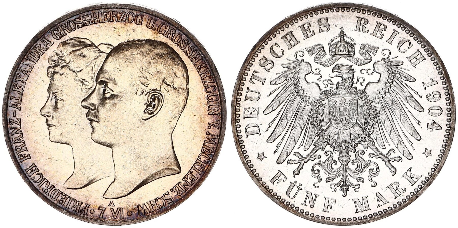 Mecklenburg Schwerin 5 Mark 1904 A Friedrich Franz II. und Alexandra Hochzeit UNC- / CH UNC ...