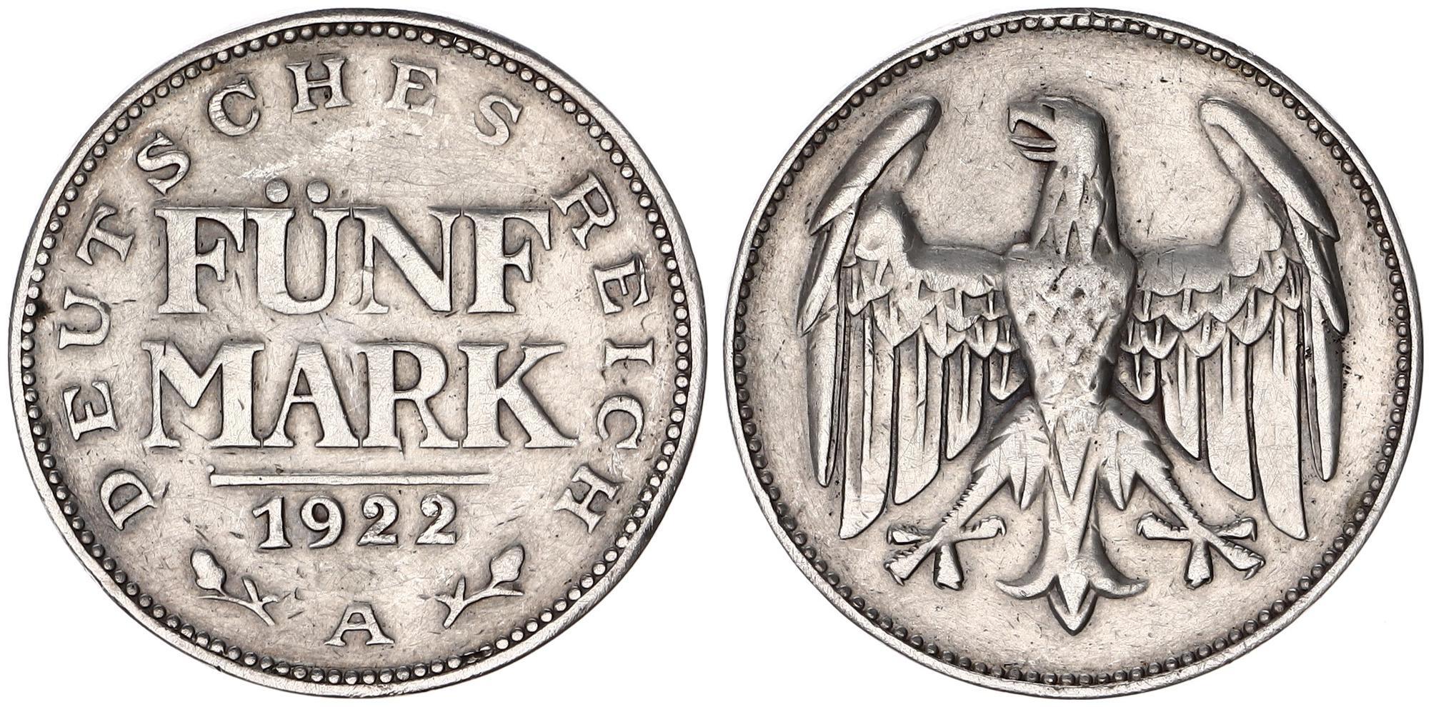 Deutschland / Weimar / Inflation 5 Mark 1922 A Motivprobe in Silber zu ...