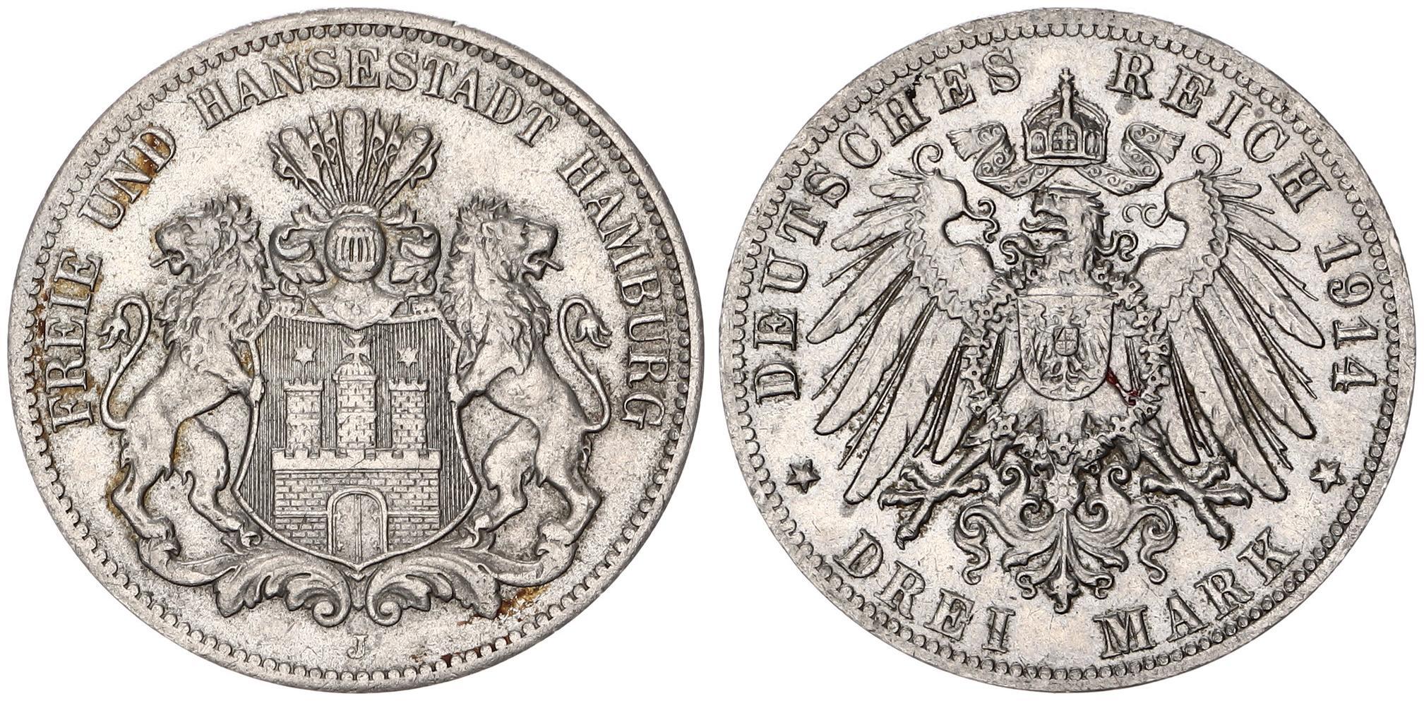 Kaiserreich - Hamburg 3 Mark 1914 J Motivprobe in Reinnickel EF | MA-Shops