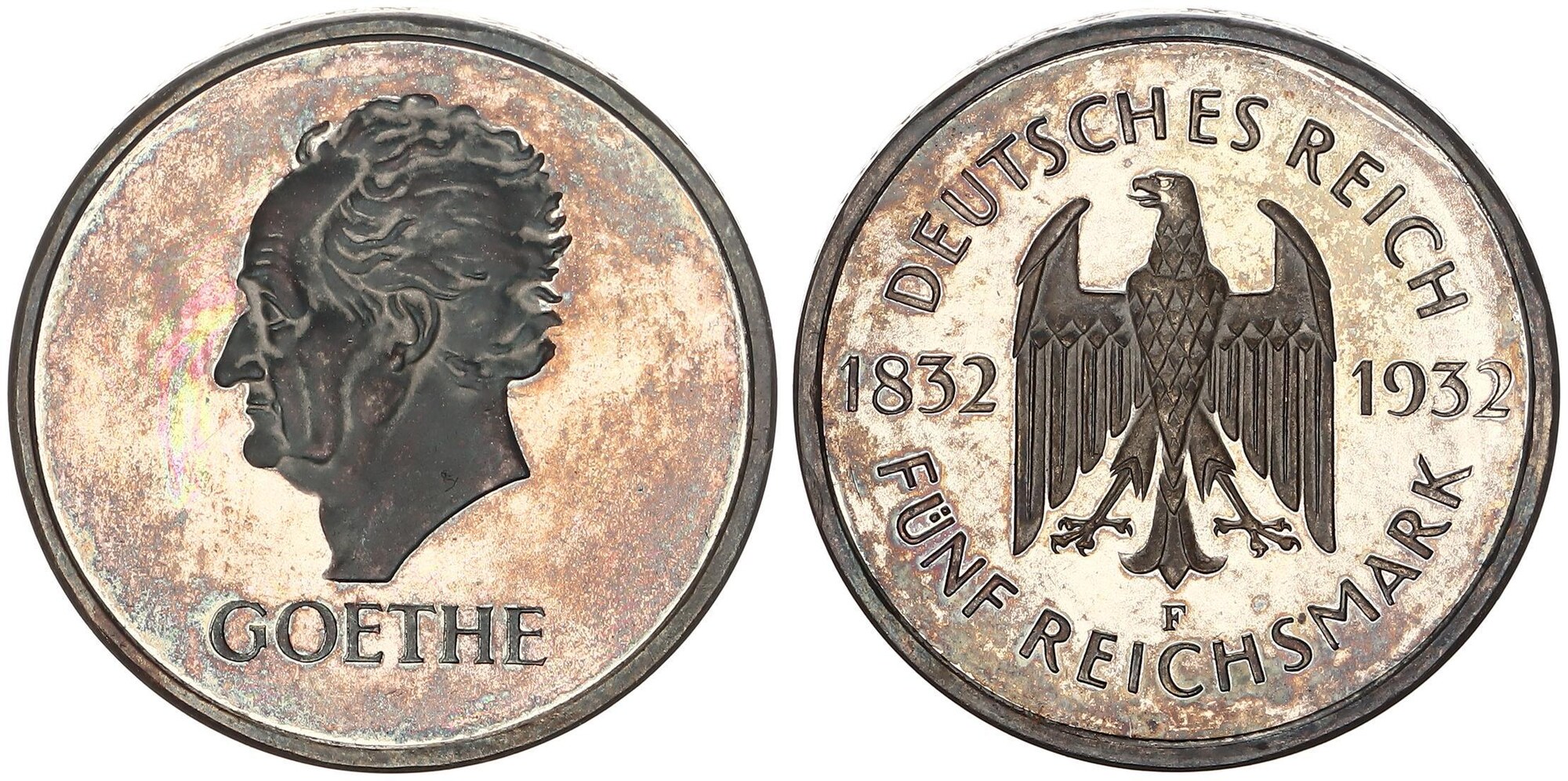 Weimarer Republik 5 Mark 1932 F Goethe - selten Proof, minimal berührt ...
