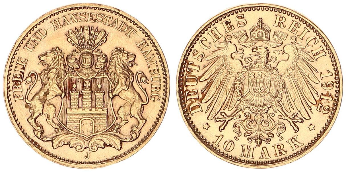 Hamburg 10 Mark Gold 1912 J J.211 Gold seltenes Jahr UNC- | MA-Shops