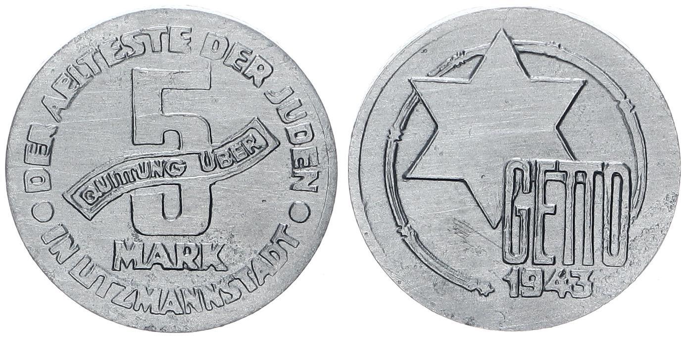 Deutschland / Polen / Getto Litzmannstadt 5 Mark (mit Echtheitszertifikat und Fachbuch ) 1943 ...