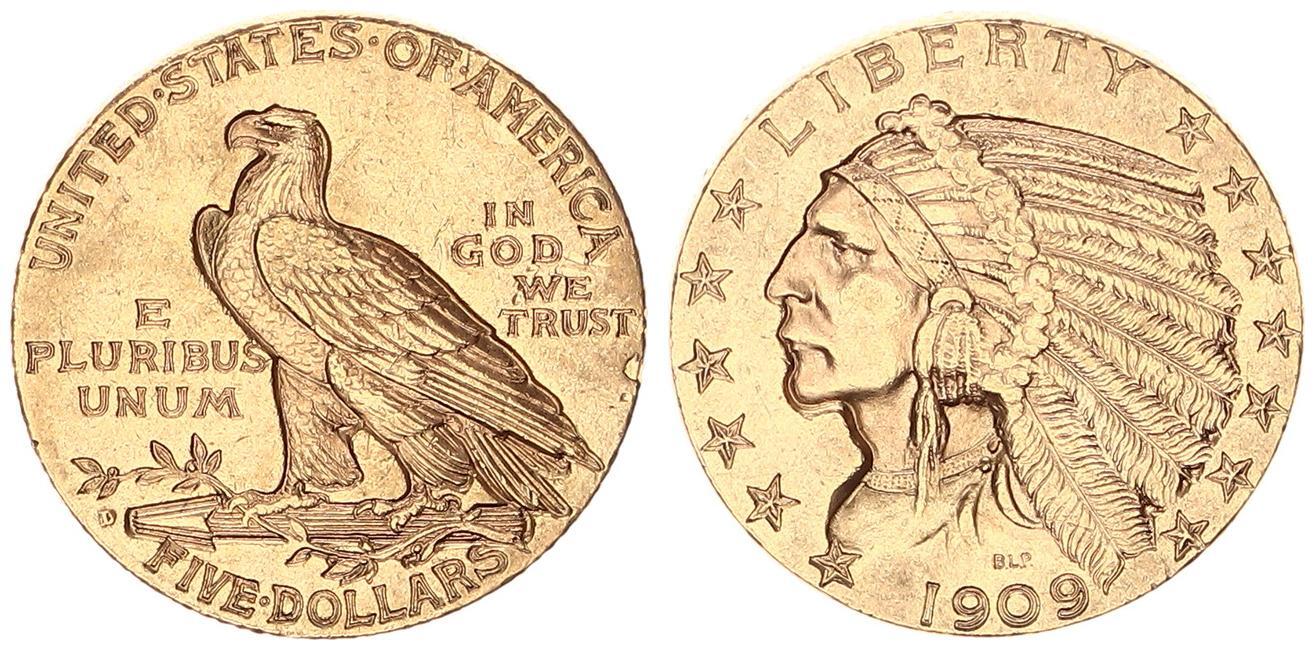 USA 5 Dollar 1909 Gold Indian Head (1908-1929) Indianer EF | MA-Shops