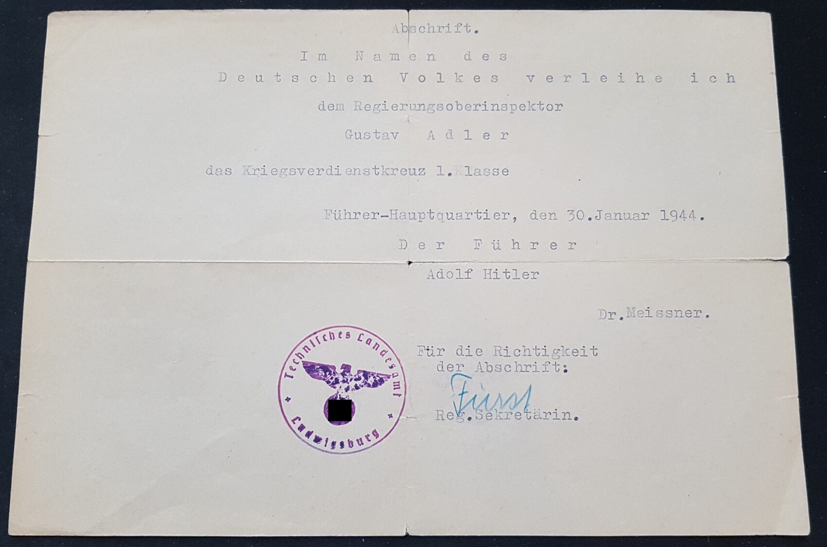 3. Reich Urkunden 30 Januar 1945 Deutsche Schutzwall Ehrenzeichen ...