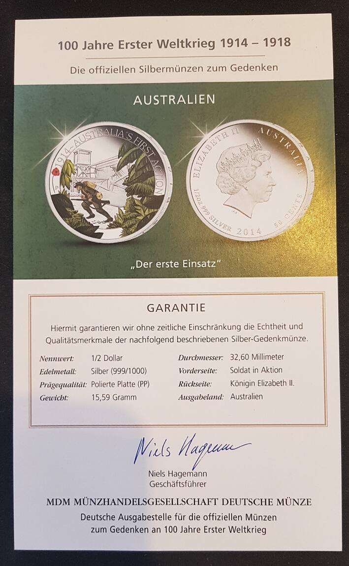 Australien 1/2 Dollar 2014 100 Jahre Erster Weltkrieg Der erste Einsatz ...