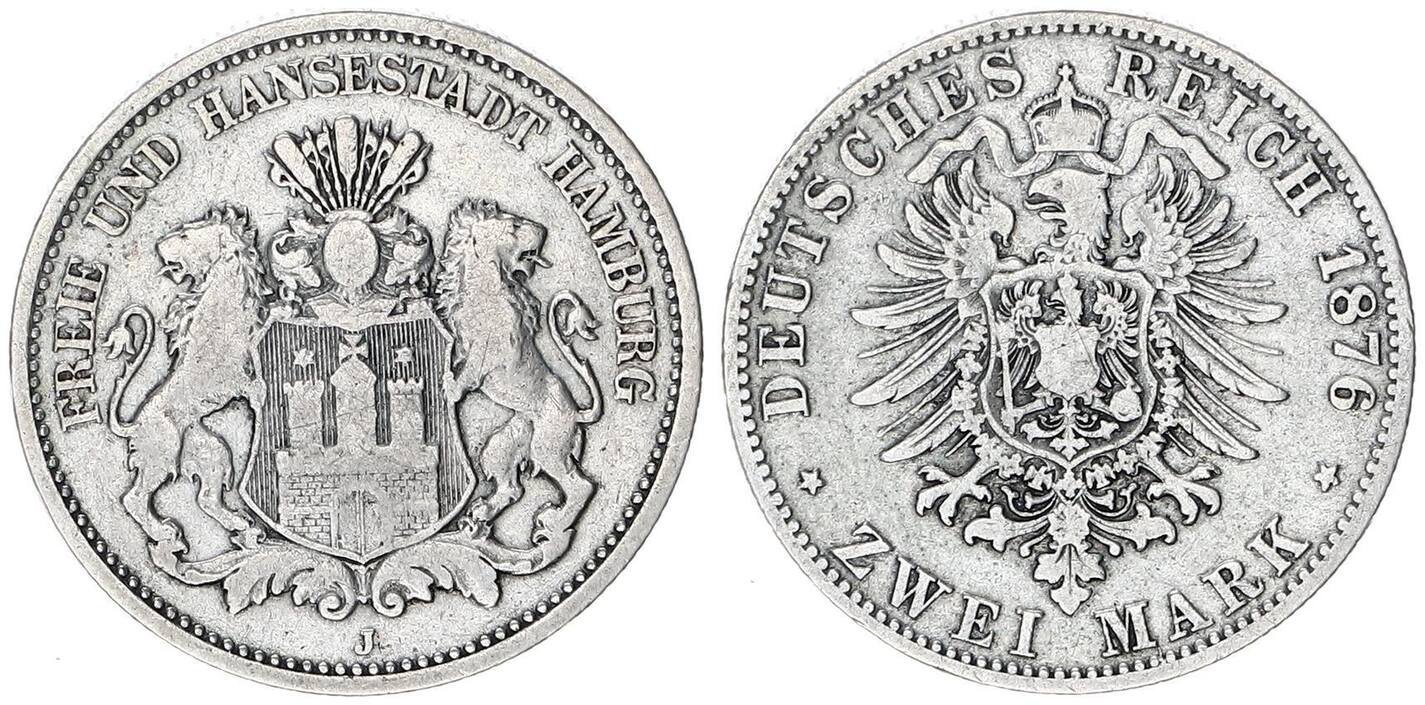 Deutsches Kaiserreich Hamburg 2 Mark 1876 J F-VF | MA-Shops