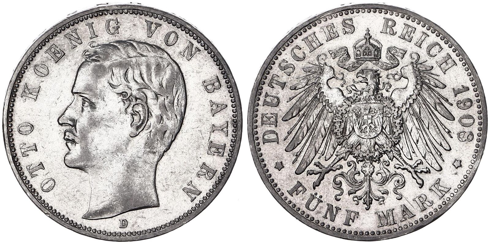 Kaiserreich / Bayern 5 Mark 1908 D König Otto VF+ | MA-Shops