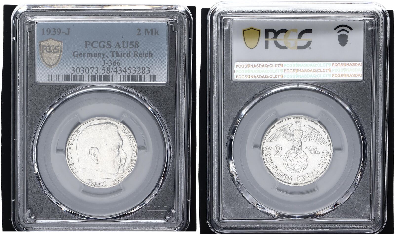 Germany 3. Reich 2 Mark 1939 J Paul von Hindenburg J.366 PCGS AU58 | MA-Shops