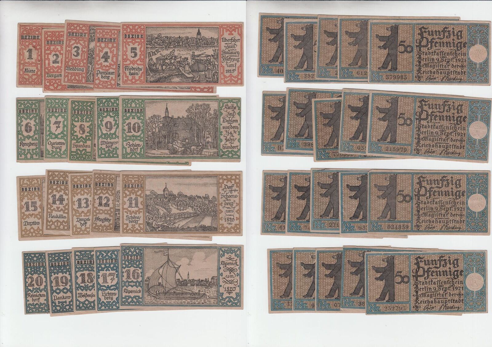 Deutsches Reich, Berlin 1921 Berliner Bezirke, 20 Scheine zu 50 Pfennig ...