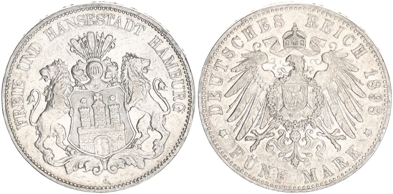 Kaiserreich / Hamburg 5 Mark 1898 J VF+ | MA-Shops