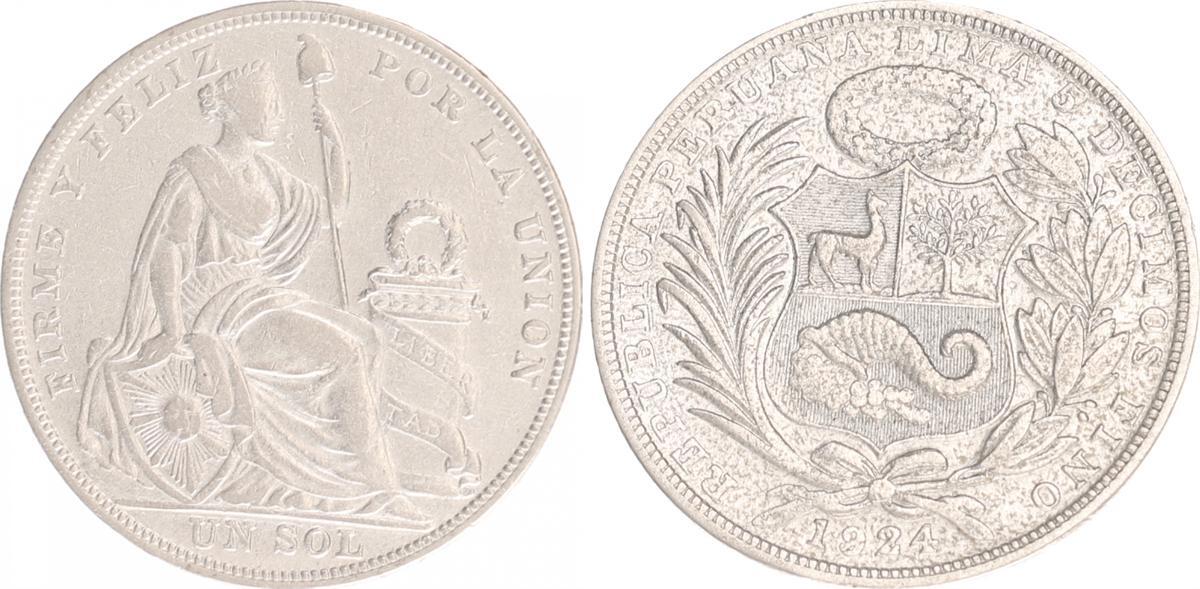 1 Sol 1924 Republica Peruana Lima .5 Decimos Fino Un Sol VF+ | MA-Shops