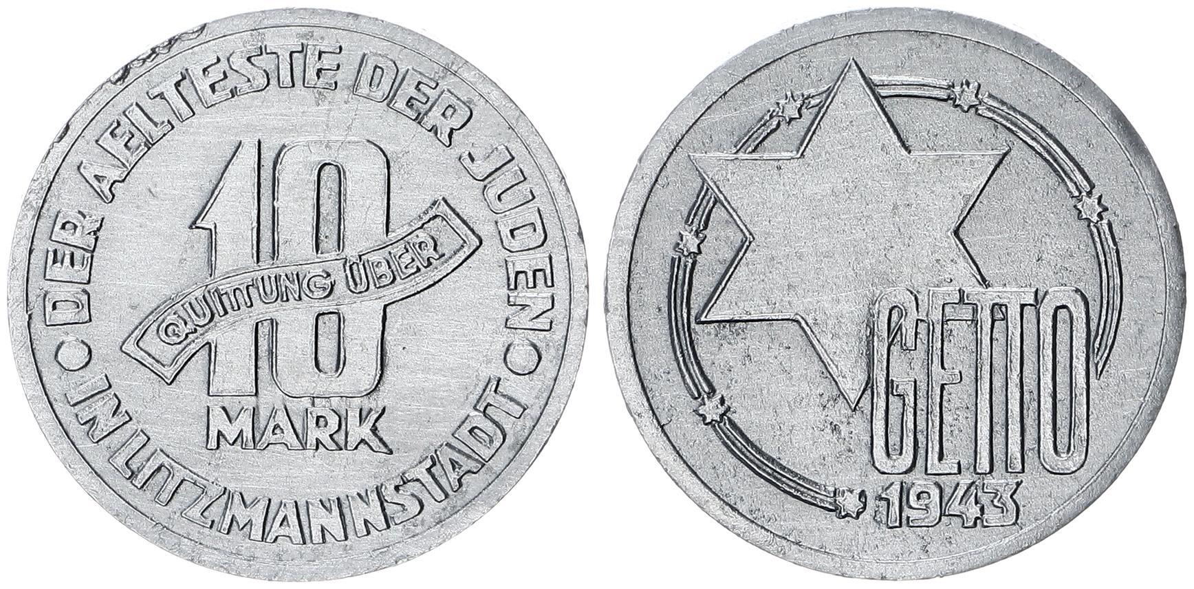 Deutschland / Polen / Getto Litzmannstadt 10 Mark (mit Echtheitszertifikat) 1943 Aluminium 3,47g ...