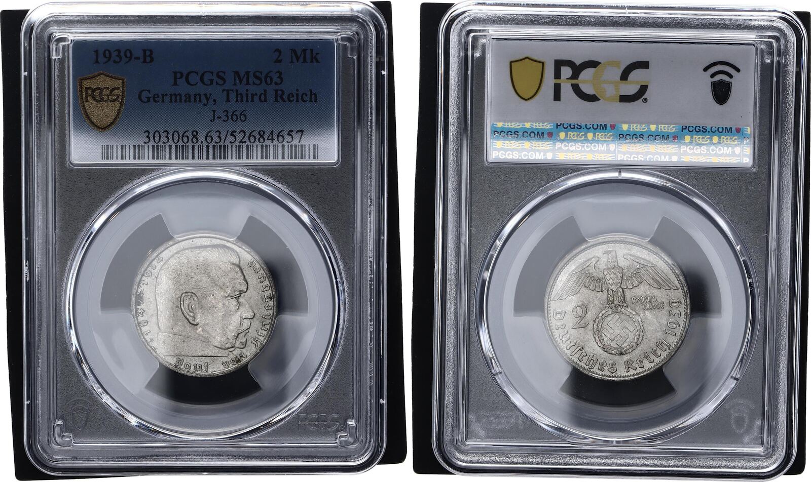 Germany, 3. Reich 2 Mark Silber 1939 B Paul von Hindenburg J-366 PCGS MS63 | MA-Shops