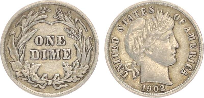 USA One Dime 1902- Silber - Barber VF+ | MA-Shops