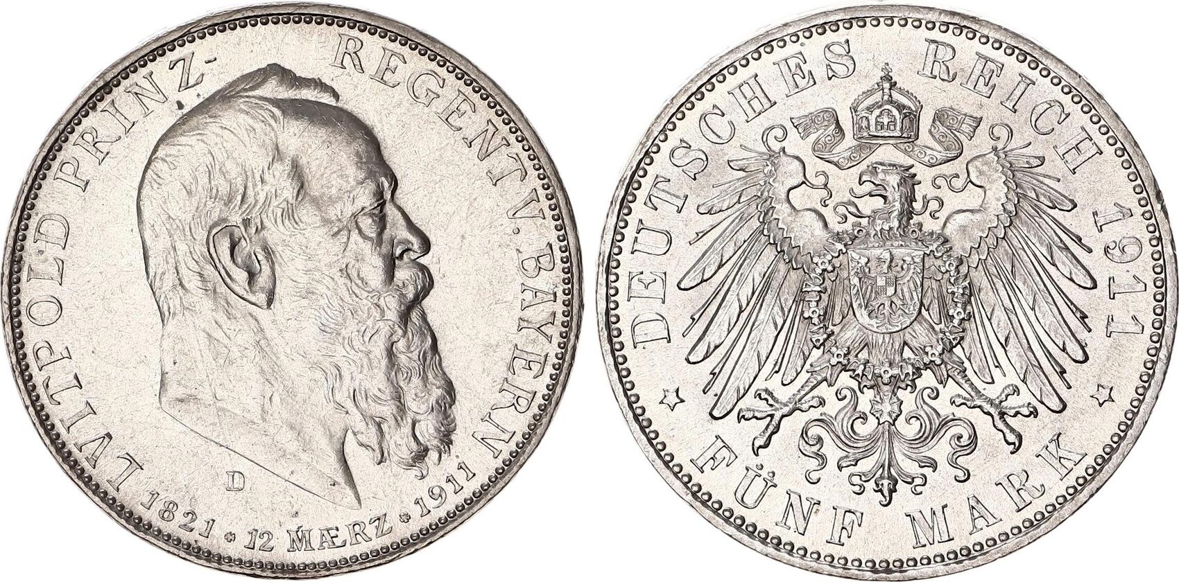 Kaiserreich / Bayern 5 Mark Silber 1911 D Luitpold J.50 UNC- / CH UNC ...