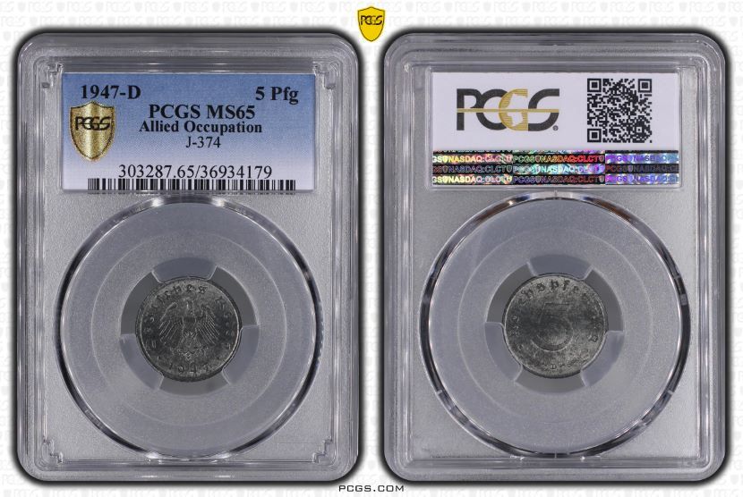 Allied Occupation 5 Pfg 1947-D Alliierte Besetzung 5 Pfennig 1947 D Prägefrisch-Stempelglanz ...