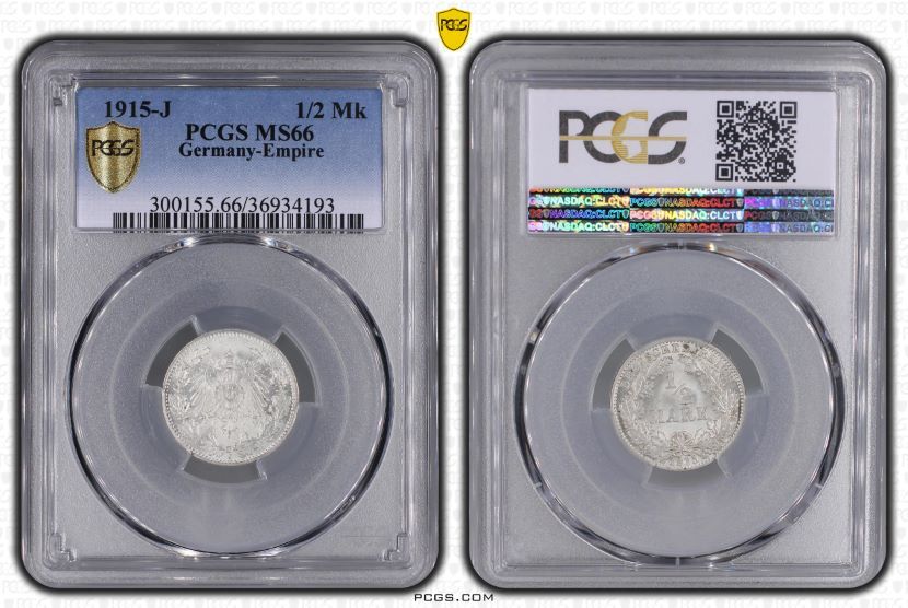 Germany-Empire 1/2 Mk 1915-J 1/2 Mark Silber J.16 1915J Stempelglanz PCGS zertifiziert PCGS MS66 ...